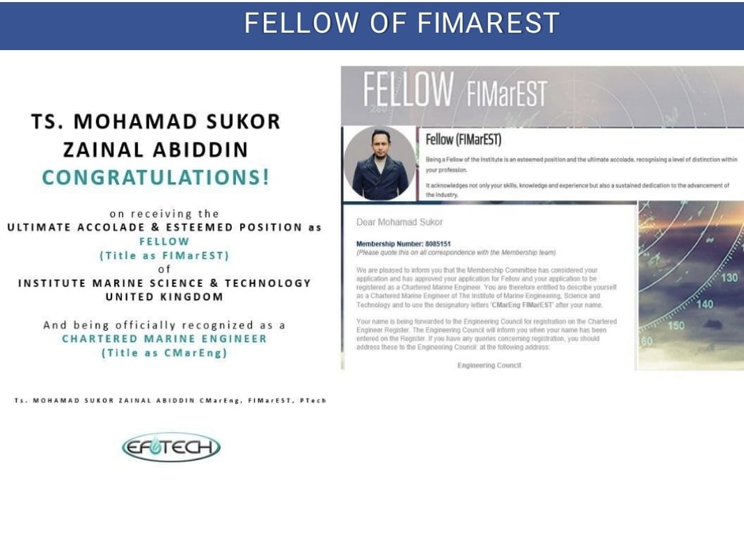 TS. MOHAMAD SUKOR ZAINAL ABIDDIN APPOINTED AS FELLOW FOR IMarEST! - EFTECH
